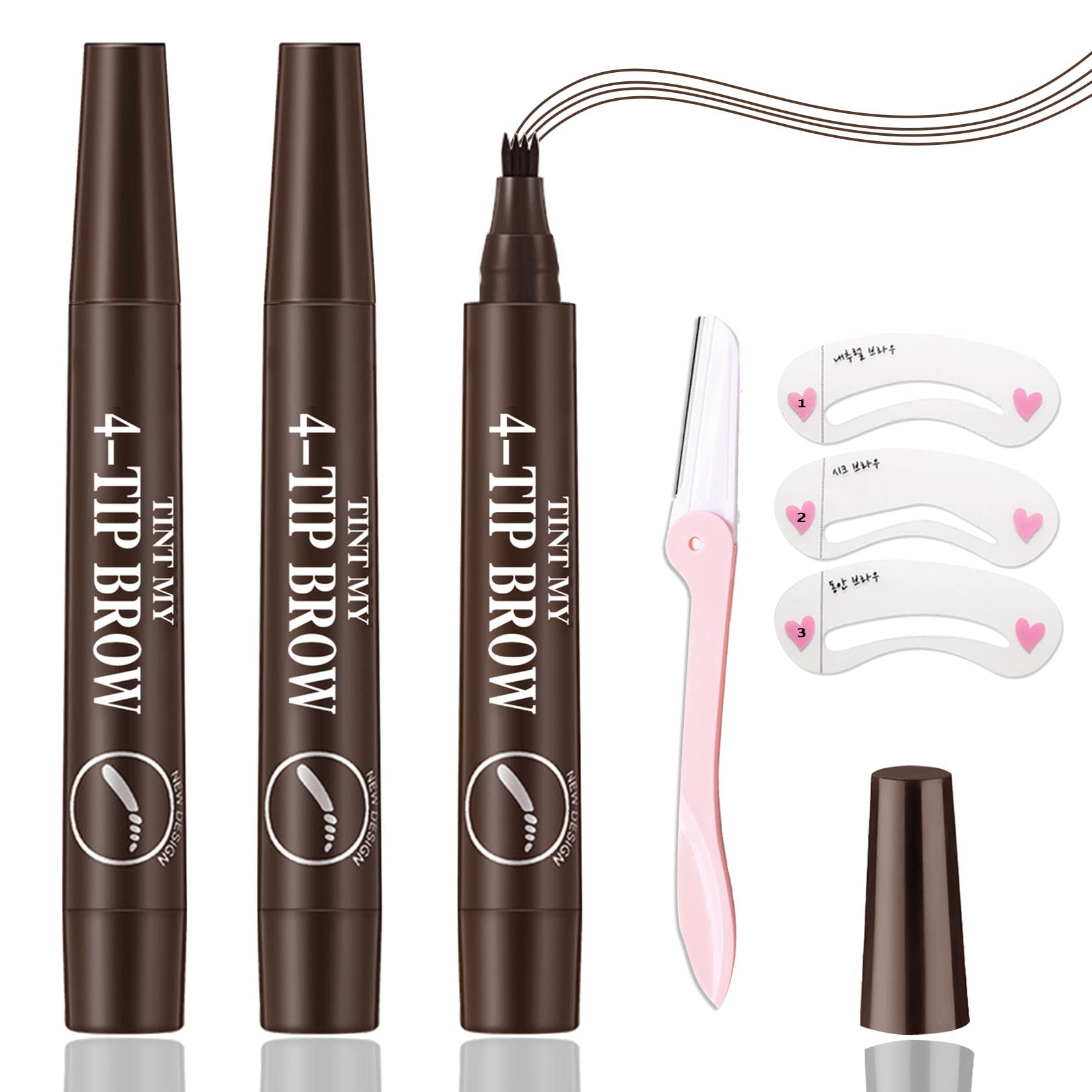 3 Pcs Eyebrow Tattoo Pen Waterproof Microblading Eyebrow Pencil Long Lasting Brow Pen with a Micro-Fork Tip Applicator,Easily Create Natural Charming Eyebrow Makeup(Dark Brown)