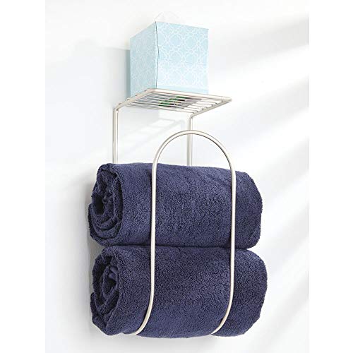 mDesign Modern Metal Wire Wall Mount Towel Rack Holder and Organizer with Storage Shelf - for Bathroom Towels, Washcloths, Hand Towels - Decorative Curved Design - Satin