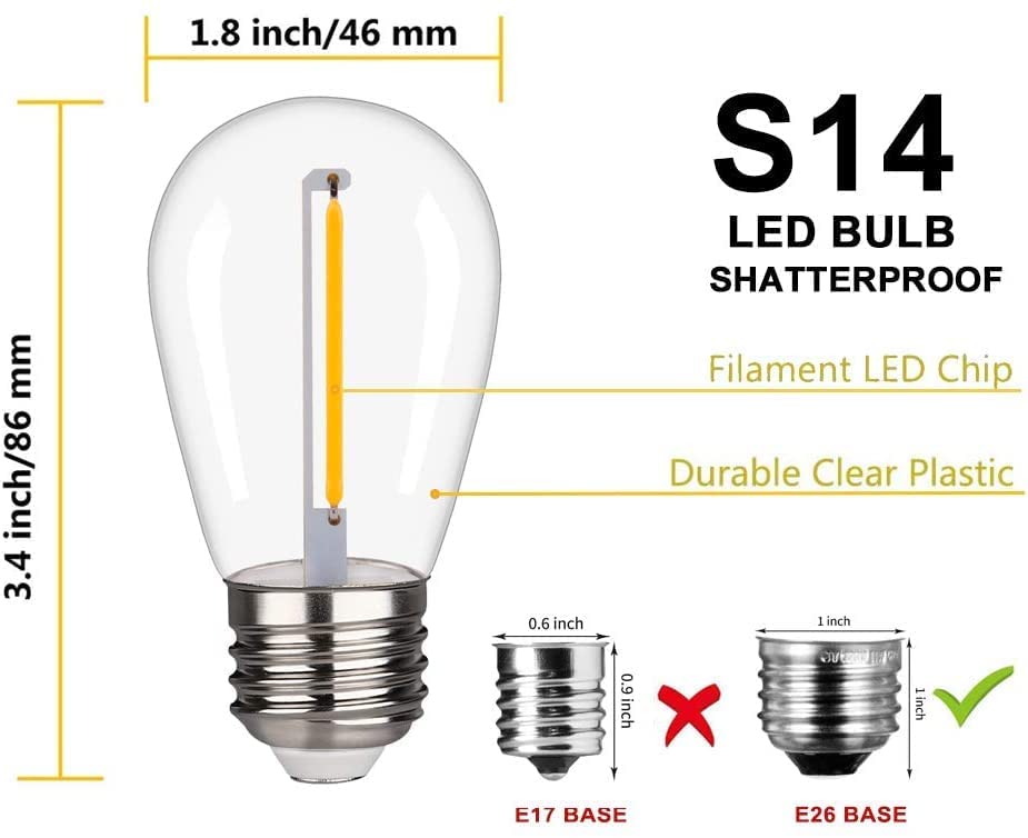 25 Pack EMITTING Shatterproof & Waterproof S14 Replacement LED Light Bulbs –1W Equivalent to 10W, White Warm 2200K Outdoor String Lights Vintage Filament Bulb, E26 Base Edison