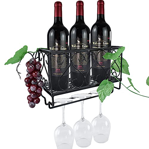Wine Rack Wall Mounted Iron shelff and Hanging Wine Rack Inverted Wine Cup Rack, Restaurant and Living Room Decorated (9.84inch)