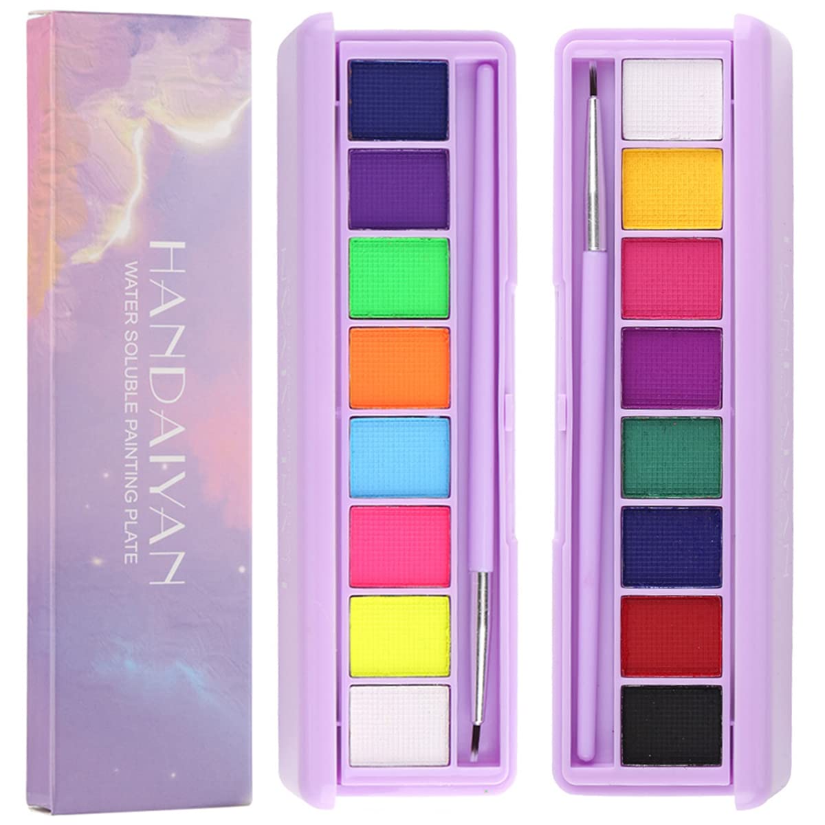 2 PCS Water Activated Eyeliner Palette 8 Colors Neon Face Paint Liner Makeup UV Glow Longlasting Fluorescent Face and Body Paint with Brush for Halloween Christmas (Set AB)