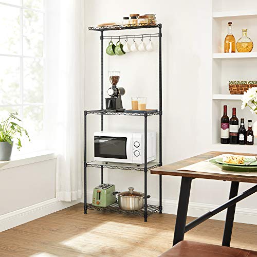 SONGMICS Kitchen Baker’s Rack, Adjustable Microwave Stand, Space-Saving Storage Rack with 4 Shelves 6 Hooks, for Pots, Pans, Spice Bottles, in the Kitchen, Apartment, Studio, Black ULGR040B01