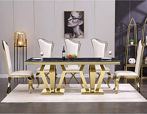 ACEDÉCOR Modern Dining Table, 78 inches Rectangular Dining Room Table for 6 to 8, Double Pedestal Dining Table in Black Gold