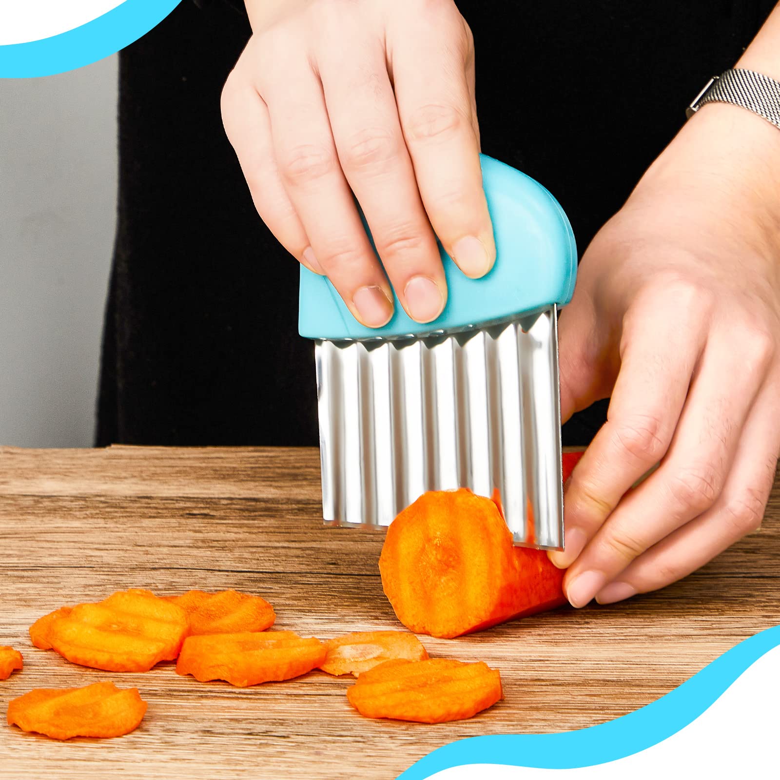 2 Pcs Wave Waffle Cutter and Crinkle Cutter Set Waffle Fry Cutter Potato Cutter Stainless Steel Potato French Fry Cutter Slicer Crinkle Choppers Potato Lattice Maker for Kitchen Tools (Blue)