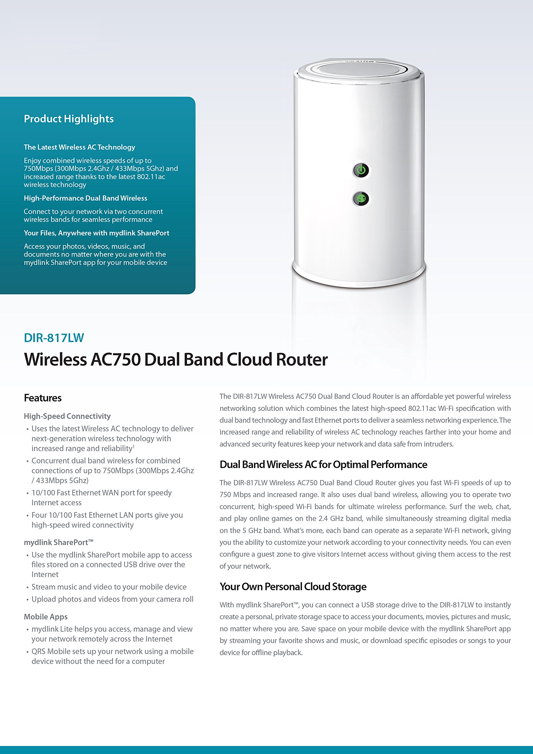 D-Link Wireless AC 750 Mbps Home Cloud App-Enabled Dual-Band Broadband Router (DIR-817LW)