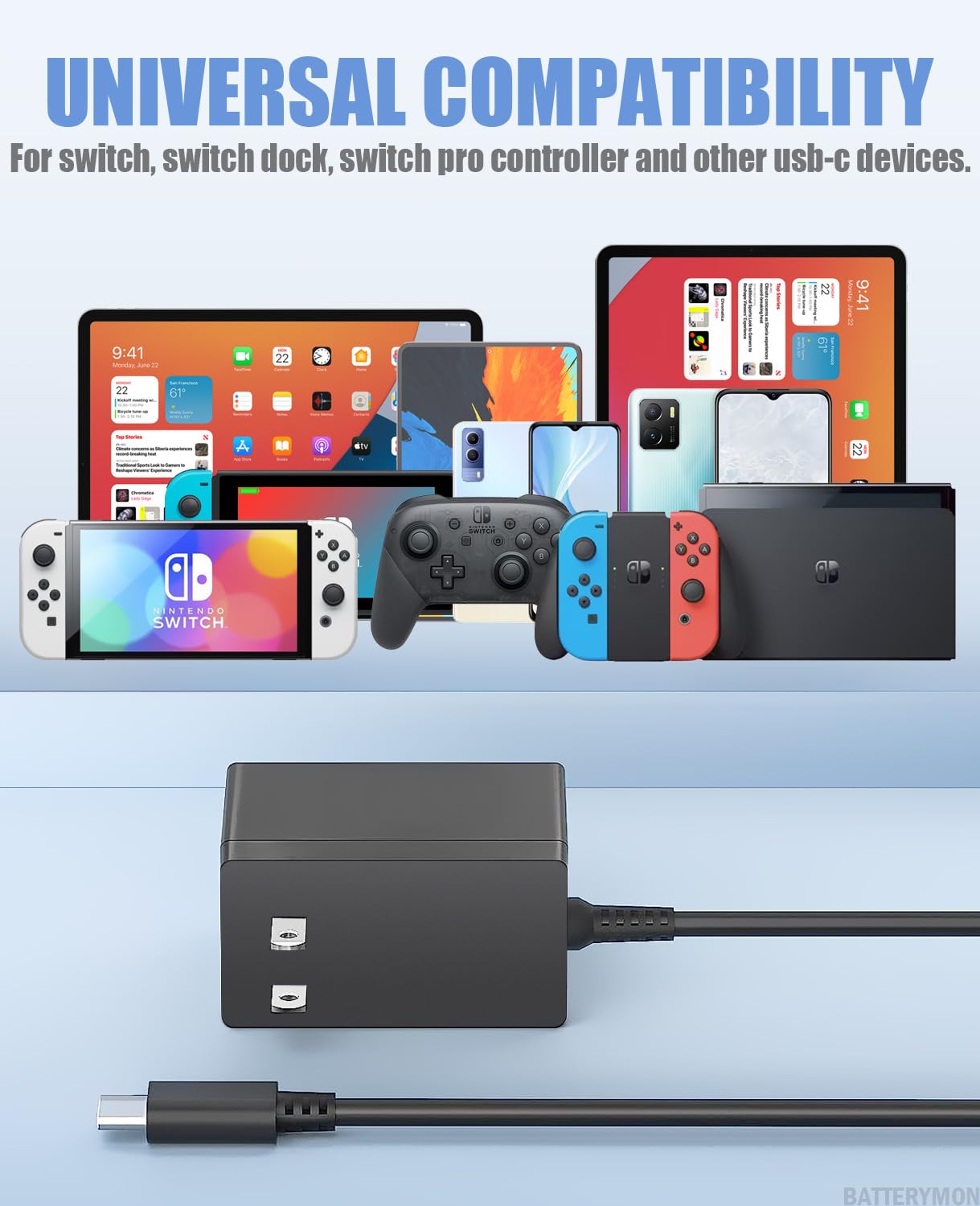 15V 2.6A AC Adapter Replacement for Nin-tendo Switch Game Console Switch Lite, Switch Dock Switch Pro Controller, Wall Charger with 5ft Type C Cable (Support TV Mode/Dock Station)
