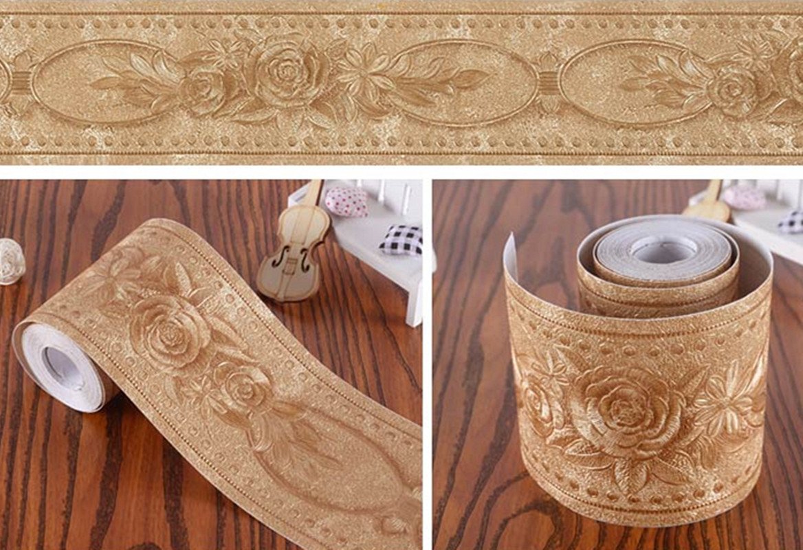 REDODECO 3D Flower Pattern Molding Peel Stick Wall Border for Home Decor Bathroom Kitchen,4 inch by 16.4 feet(Gold)