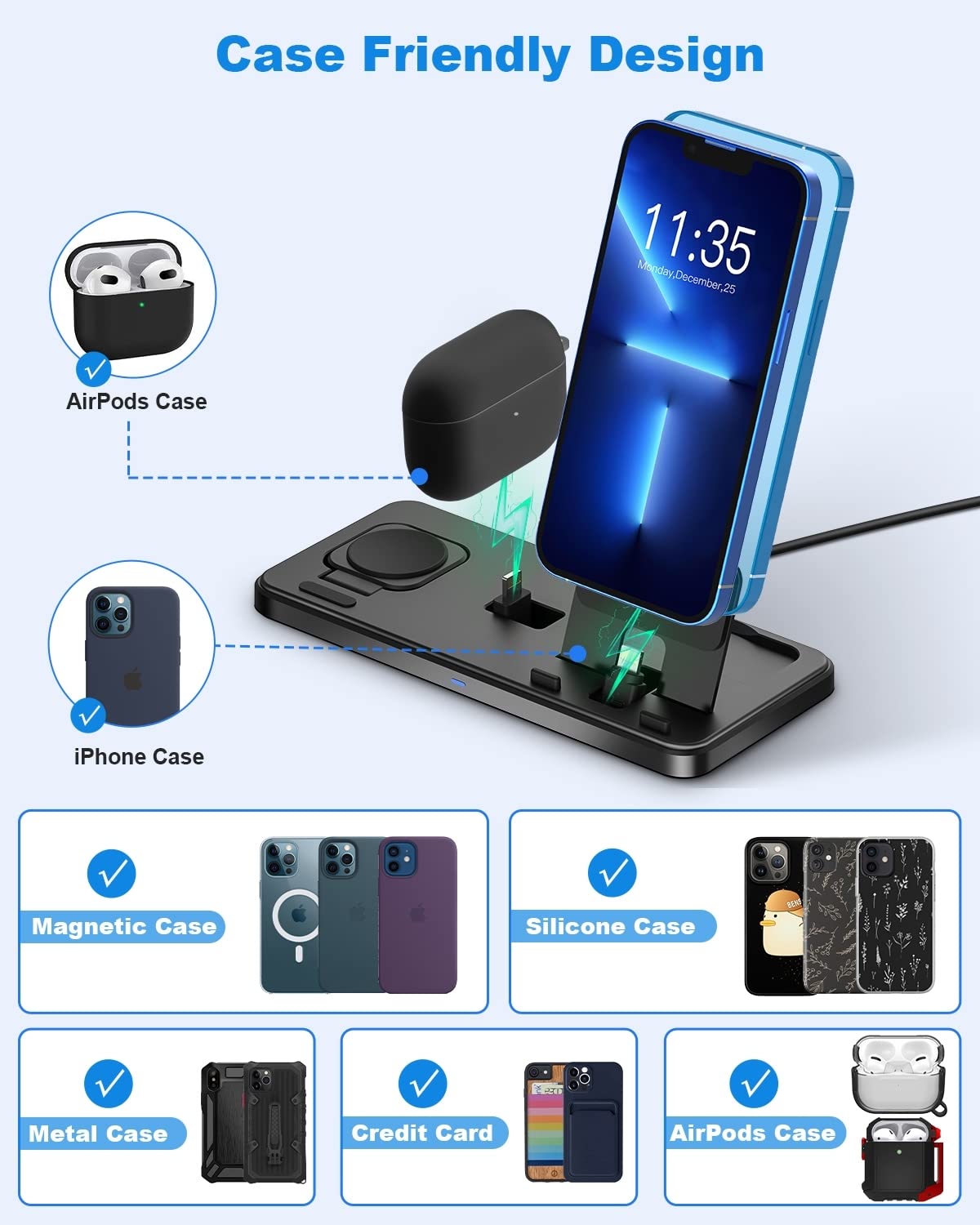 3 in 1 Charging Station for Apple Devices Foldable Charging Stand with 18W Adapter Compatible with iPhone Series AirPods Pro/3/2/1 Charging Dock for iWatch Series SE/7/6/5/4/3/2/1