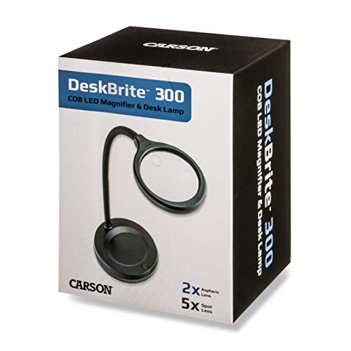 Carson DeskBrite300 COB LED Lighted 2x Aspheric Magnifier & Desk Lamp with 5x Spot Lens with Included USB-C Power Adapter (LM-30)., Black, Medium