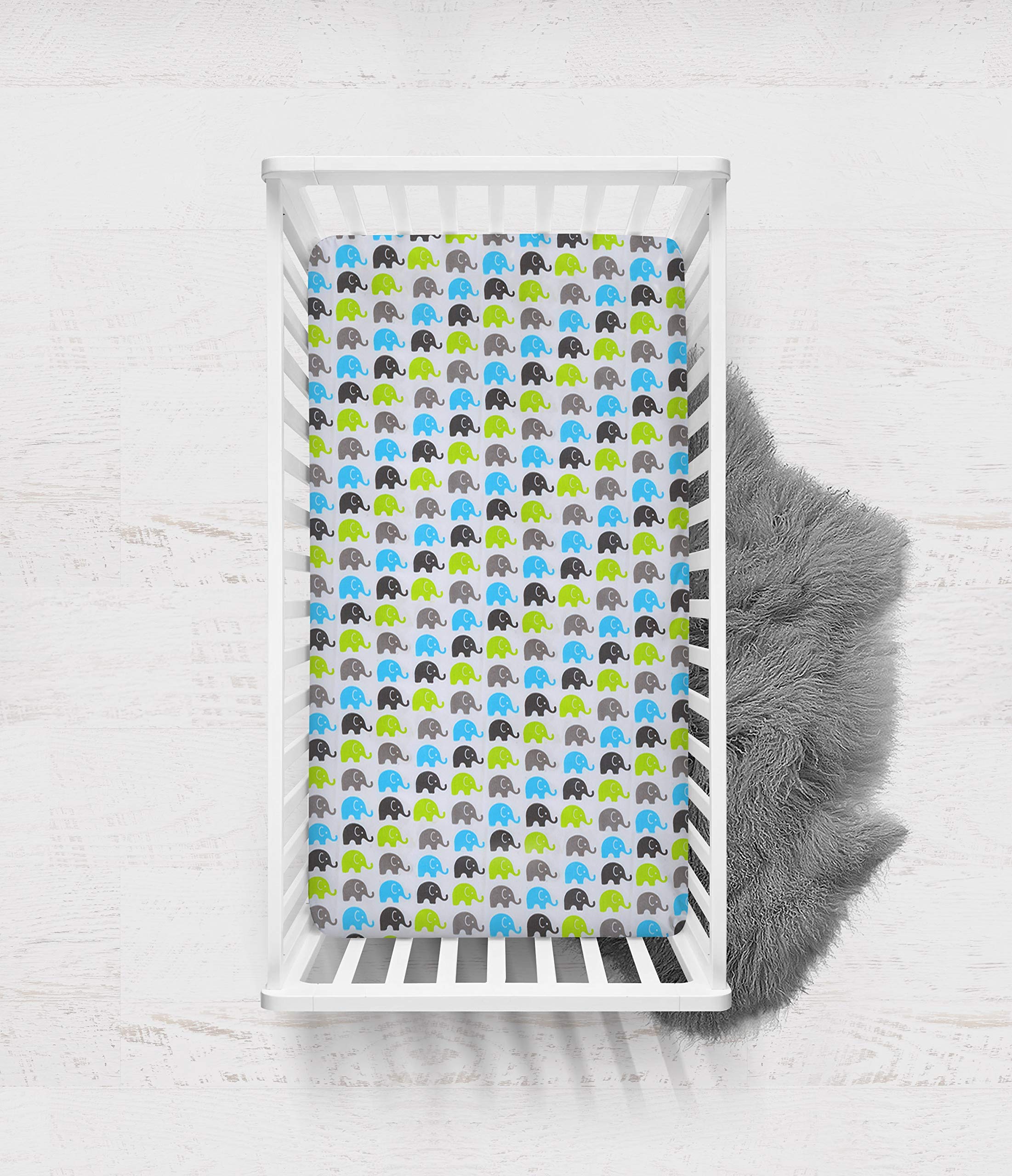 Bacati - Elephant Aqua, Lime, Grey 100% Cotton Percale 2 Pack Baby Crib & Toddler Bed Fitted Sheets