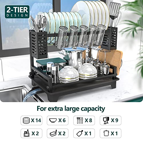 B-Land Dish Drying Rack, 2 Tier Dish Racks for Kitchen Counter, Large Dish Drying Rack with Drainboard & Utensil Holders, Rust-Proof Dish Drainers,Kitchen Organization