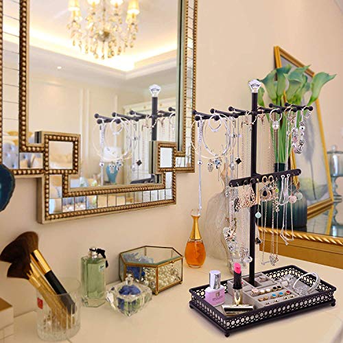 Meangood Jewelry Tree Stand Organizer 3in1 Necklace Organizer Display Bracelet Earrings and Ring Tray Jewelry Holder Hanger Metal(Black)