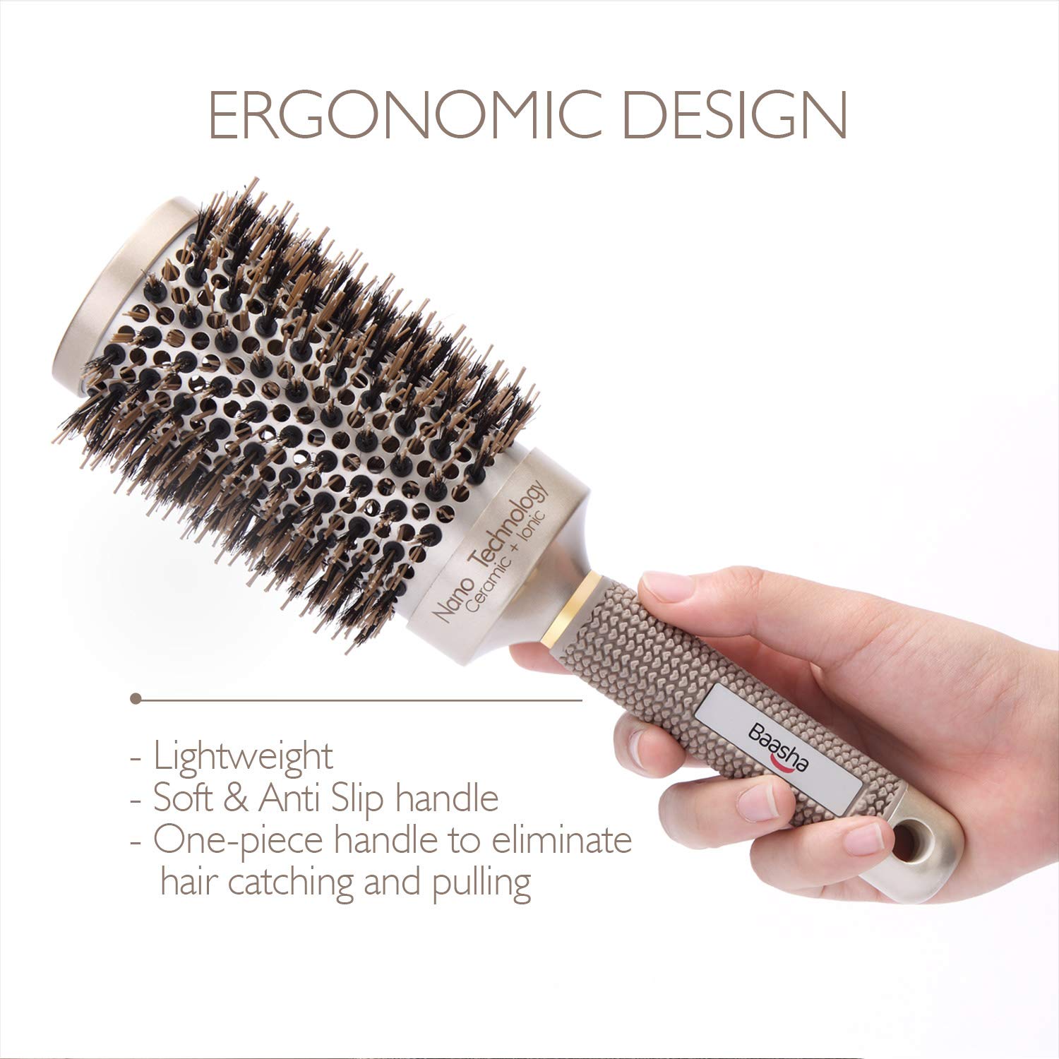 Baasha Hair Brush, Large 3 Inch Round Brush with Boar Bristle, Vented Ceramic Barrel, for Long Hair, Curly Hair, Salon Quality, 1 Count