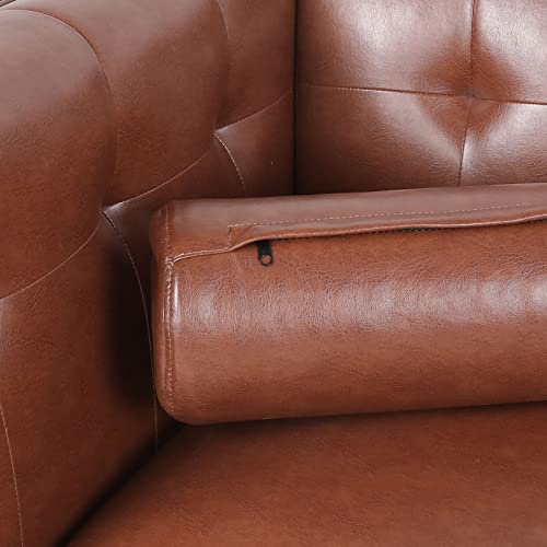 76'' Leather Chesterfield Sofa, Upholstered Tufted Modern Couch with 2 Pillows, Nailhead and Solid Wood Armrest Side Board, 3 Seater Sofa with Wooden Legs for Living Room, Bedroom, Office (Brown)