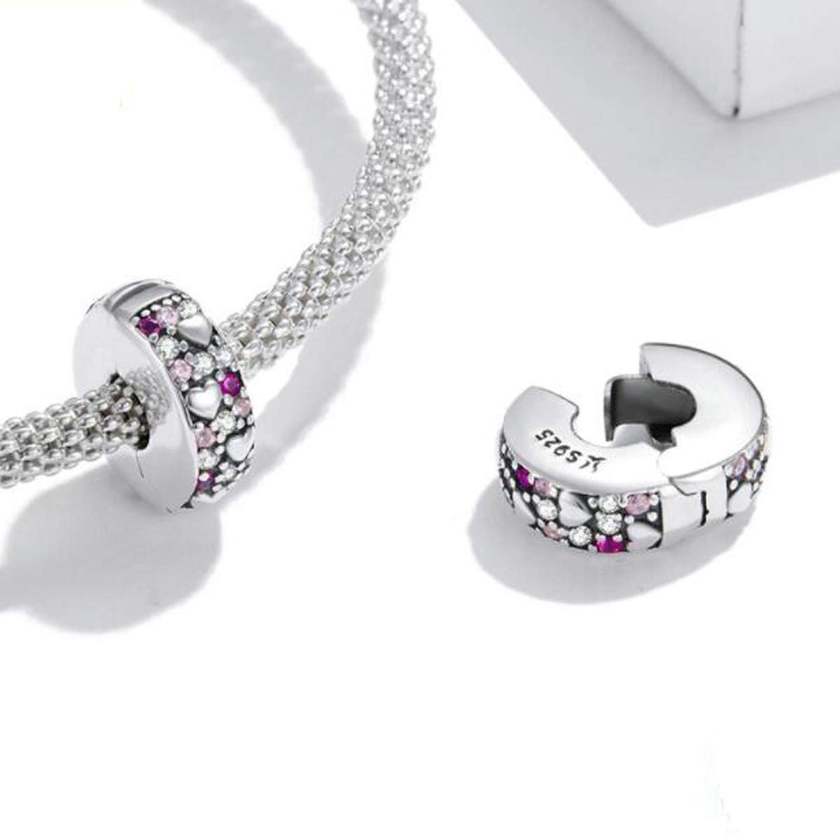 2pc Clip Spacer Charm Bracelets for Women 925 Sterling Silver Blue White Crystal Charm Clip Lock Spacer Stopper Charm Bead for Bracelet (Pink Crystal Love -2pc)
