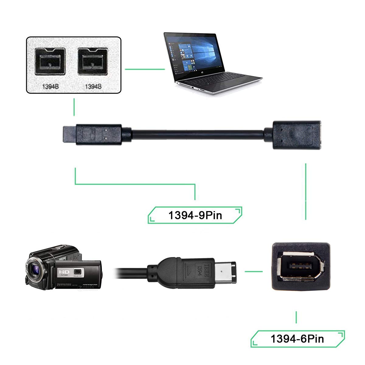 cablecc IEEE 1394 6Pin Female to 1394b 9Pin Male Firewire 400 to 800 Cable 20cm