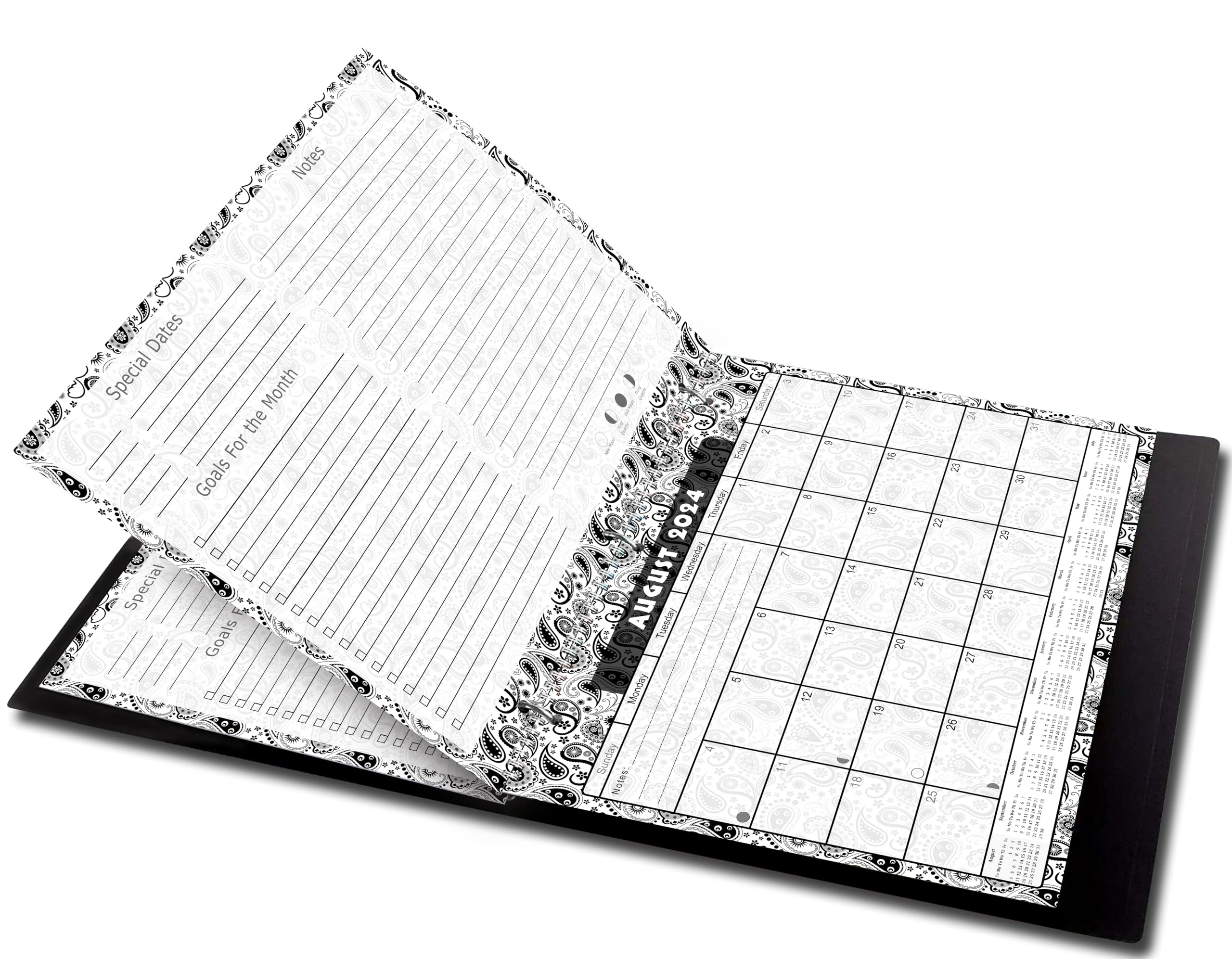 2024-2025 Academic Year 12 Months Student Calendar/Planner for Wall & Desk & 3-Ring Binder, for School, Teacher, Student (Black&White Paisley Edition #010)