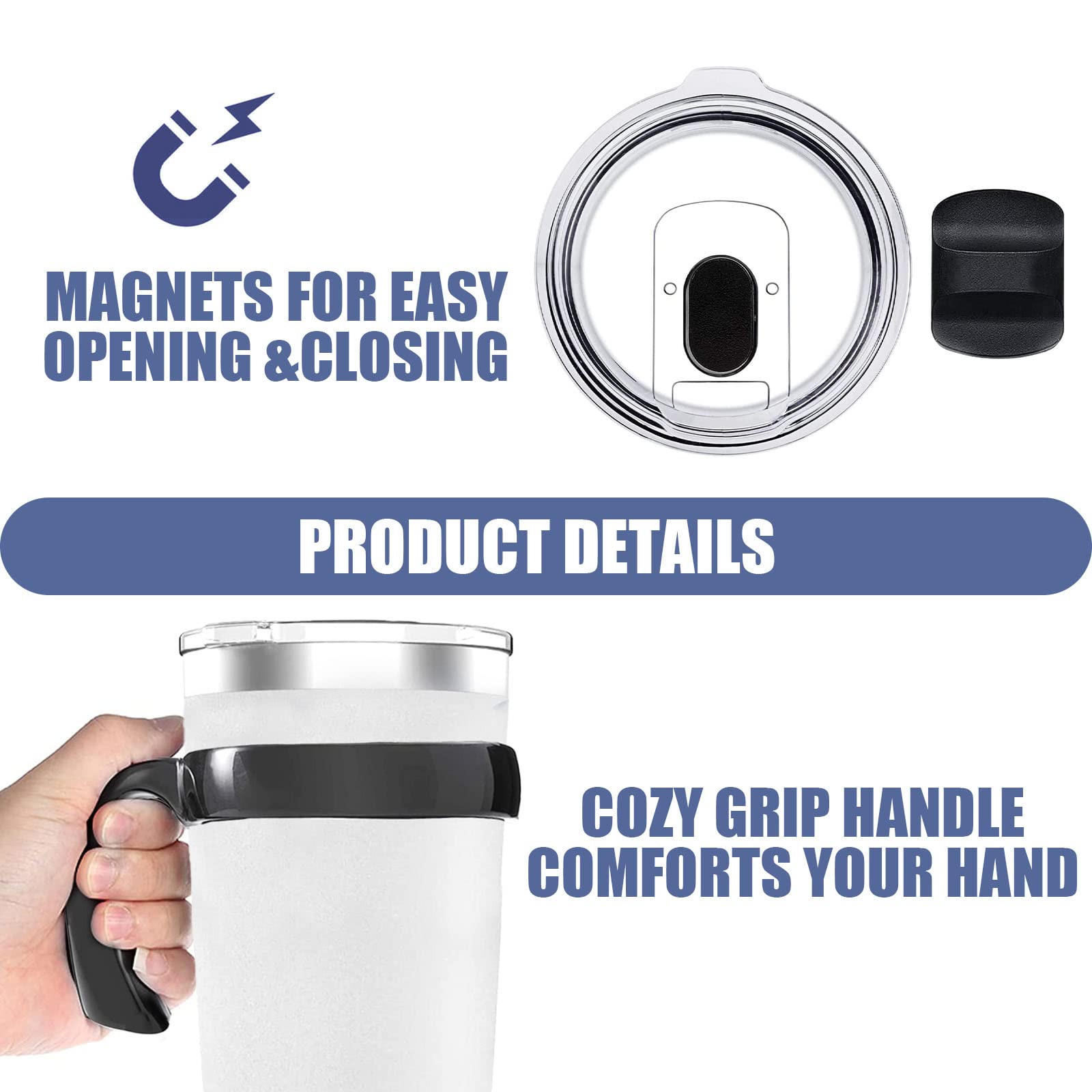 20 oz Magnetic Tumbler Lid and Handle - Compatible with Yeti Rambler, Ozark Trail, Sic Magnum Steel