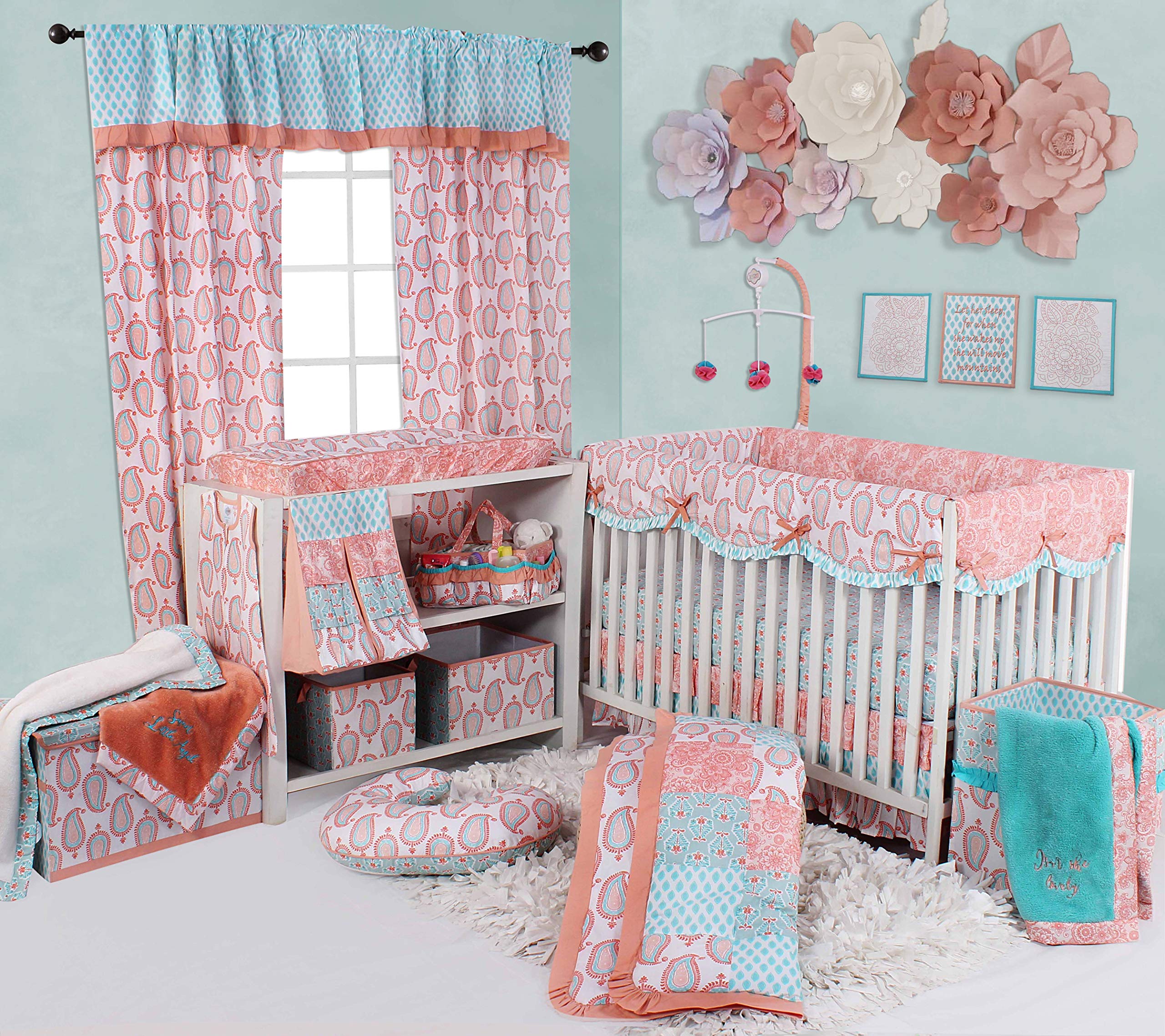 Bacati - Paisley Kids Storage (Laundary Hamper with Wooden Frame and Mesh Liner, Coral/Aqua)