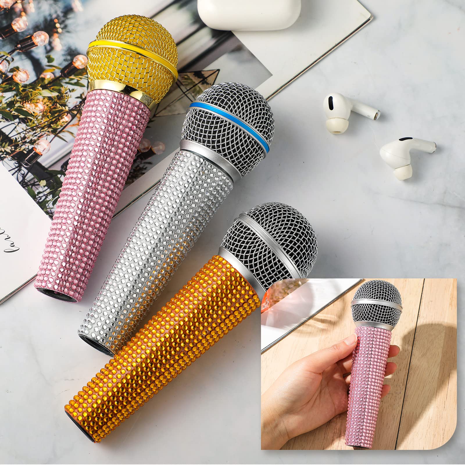 3 Pieces Rhinestones Mic Handle Cover Rhinestone Microphone Sleeve Bling Microphone Sleeve for TV Shows Party Performance Speech Replacement Glitter Microphone Accessories (Silver, Gold, Pink)