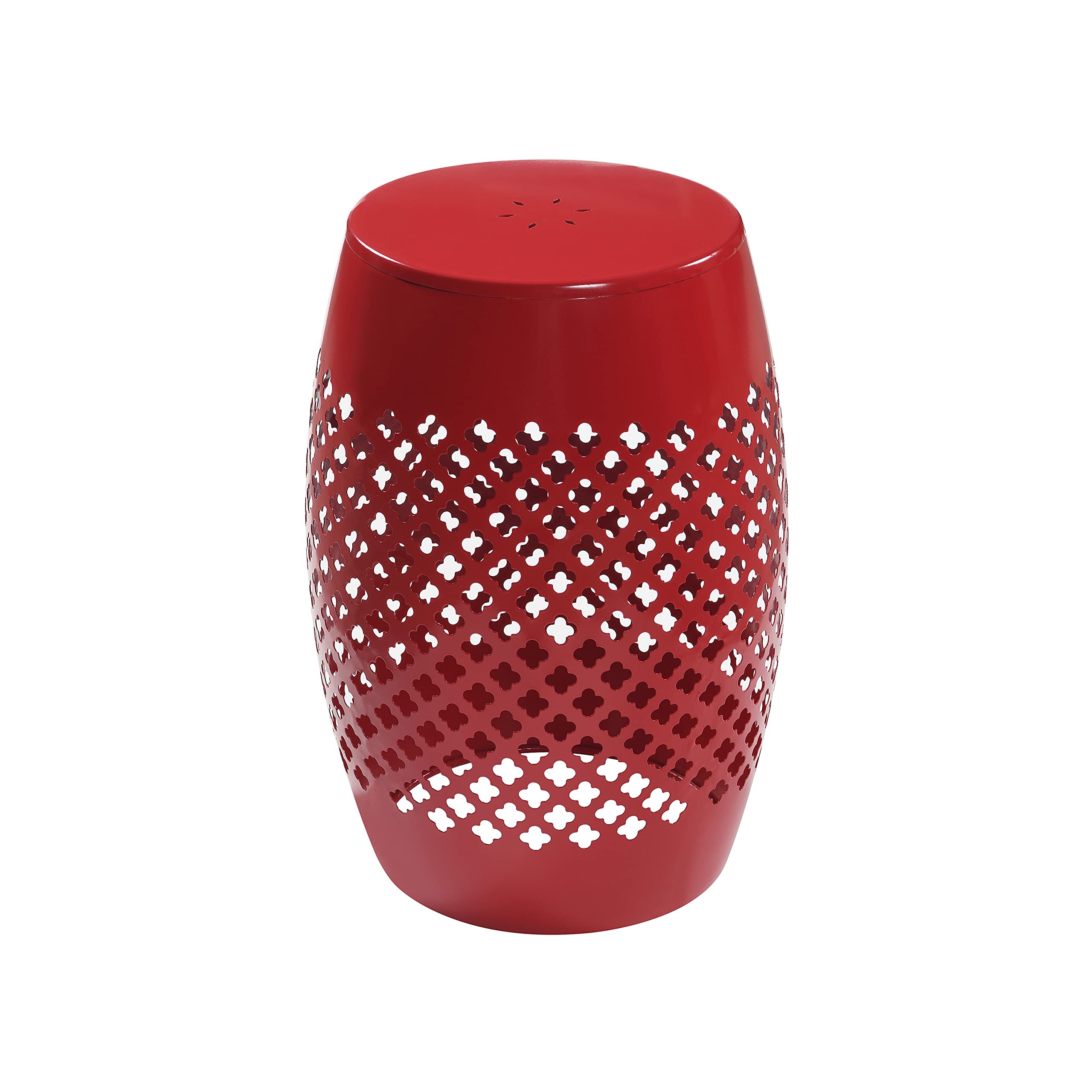 AC Pacific Outdoor Indoor Lace Cut Side Table, Powder-Coated Iron Pedestal Stand, Drum Shaped Accent Furniture for Patio, Living Room or Bedroom, Red