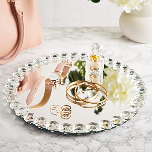 Okuna Outpost 12 in Crystal Bead Round Mirror Tray to Display Perfume, Jewelry, Candles, Bling Serving Tray for Bathroom, Living Room, Office, Vanity, Home Decor