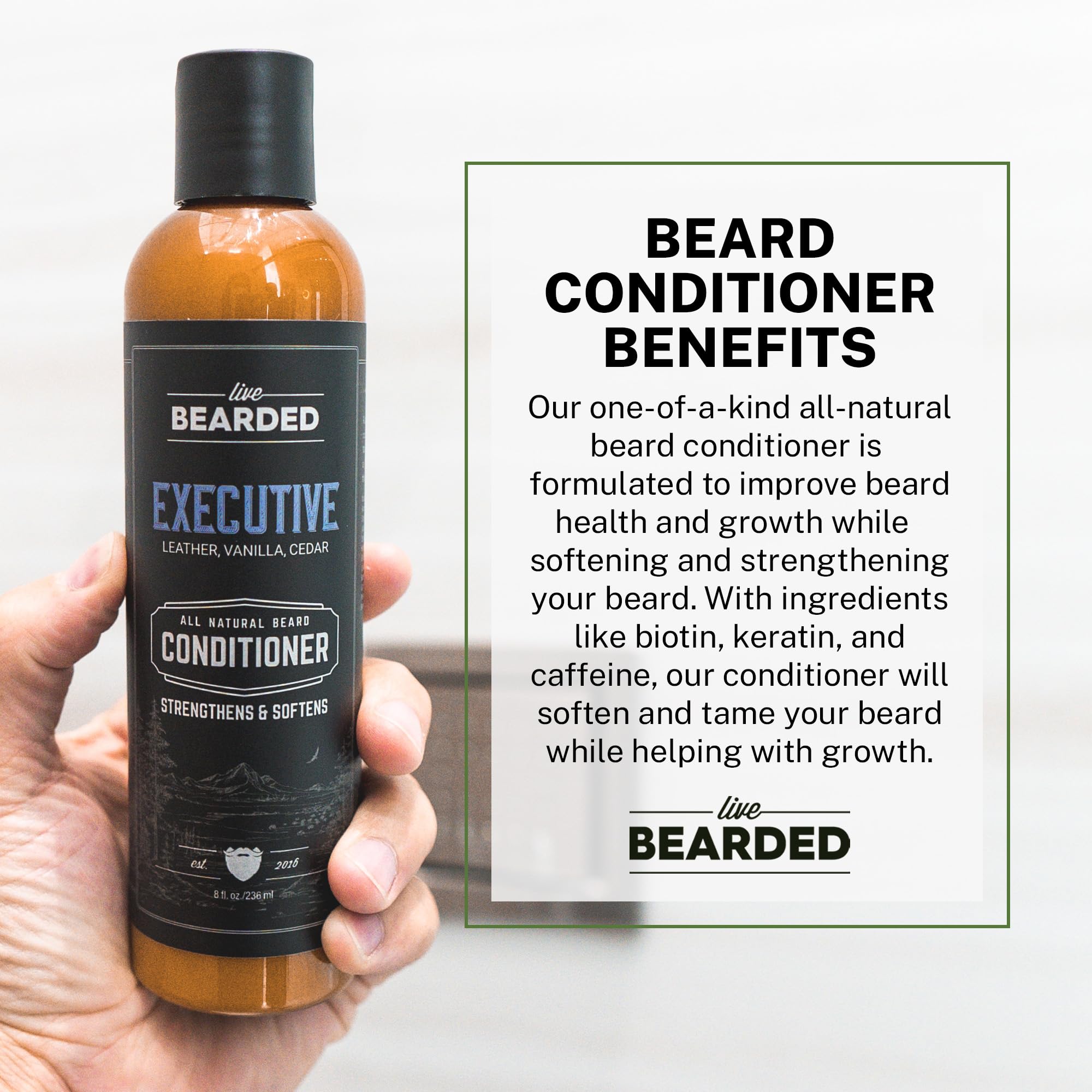 Live Bearded Beard Conditioner, 8 fl oz - Strengthens and Softens Facial Hair - Made in the USA - All-Natural Ingredients with Biotin, Caffeine | Executive Scent - Cedar, Vanilla