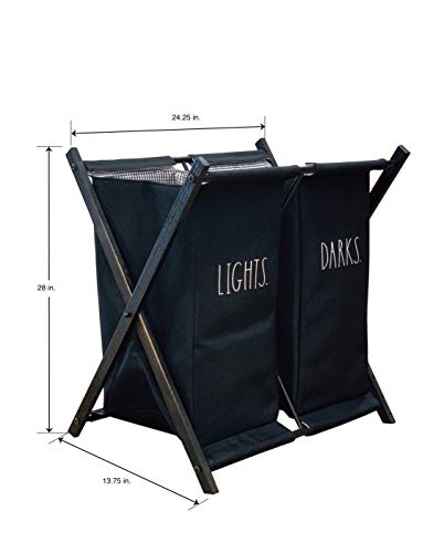 Rae Dunn Folding Laundry Hamper - Two Section Clothes Bin for Easy Divide of Lights and Darks - Foldable Basket for Bedroom, Bathroom, Nursery, Dorm - Metal and Black Fabric Home Décor