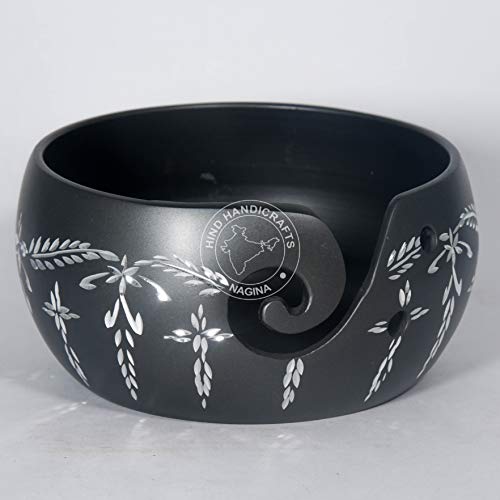 Hind Handicrafts Premium Solid Handmade Silver Diamond Engraved Metallic Finish Aluminium Portable Yarn Storage Bowl - Holder for Knitting Crochet Hook Accessories (Matte Black, 6" x 6" x 3")