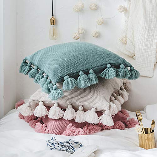 famibay Knitted Pillow Covers with Pompoms Tassel Boho Striped Cable Knit Throw Pillow Cases Decorative Pillow Cushion Cover Set for Home Sofa Couch Bed 18β x 18β Beige
