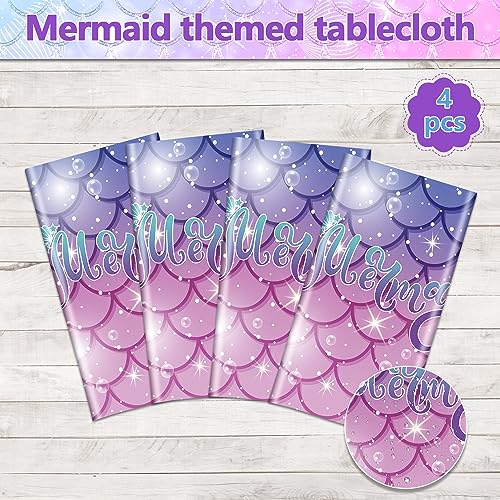 4 Pcs Mermaid Tablecloths, Rectangular Mermaid Table Covers, Disposable Mermaid Table Cloths for Parties Under the Sea Baby Shower Mermaid Birthday Decorations Mermaid Party Supplies, 51x86 Inch
