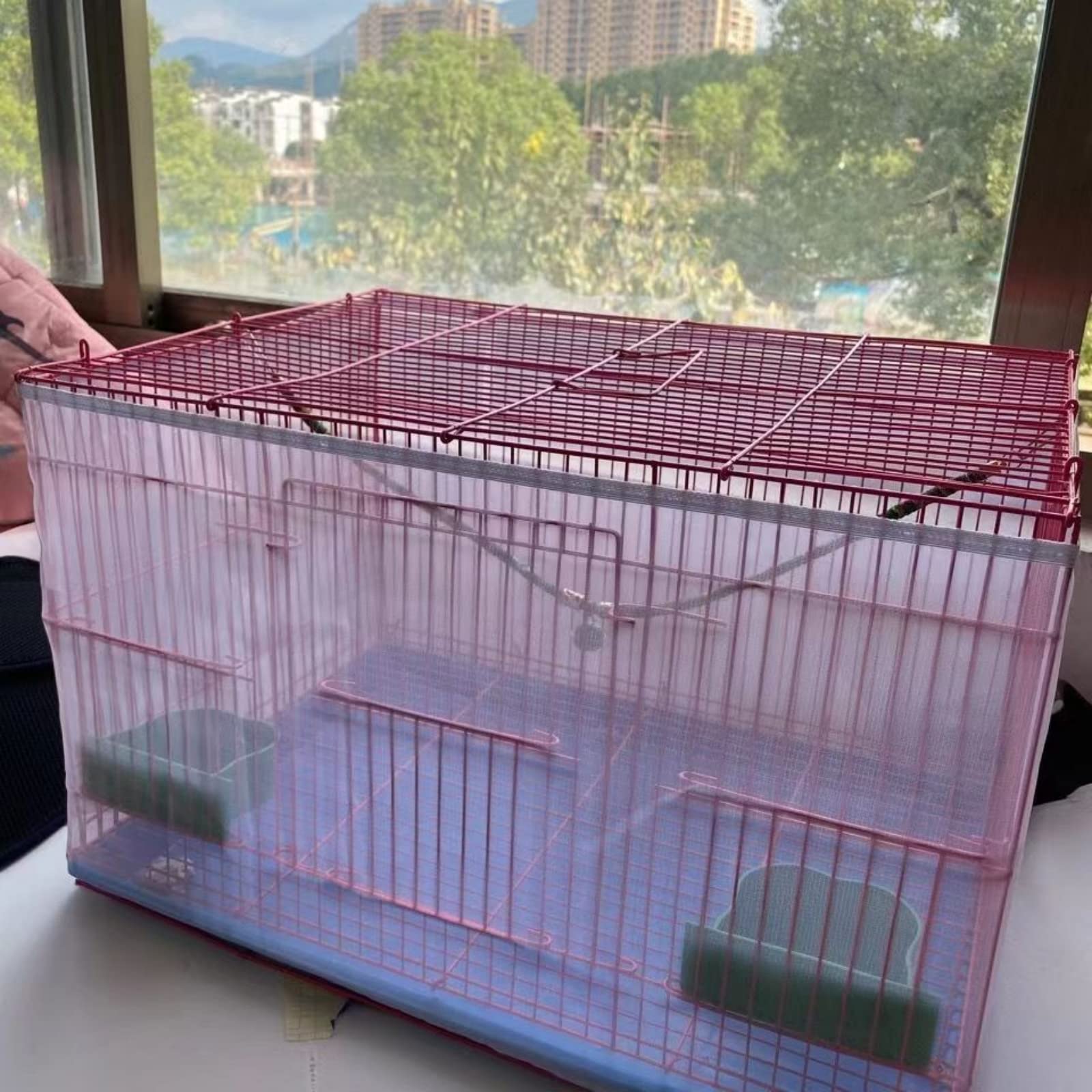 2 Pieces Bird Cage Seed Catcher, Universal Nylon Mesh Bird Cage Cover, Airy Cage Net Stretchy Skirt for Parakeet Parrot Macaw African Round Square Cage, Prevent Scatter and Mess (Black+White, M)