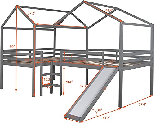 ATH-S L-Shape Loft Beds Full House Loft Bed with Slide Low Loft Bed Frame for 2, Wood Gray Playhouse Loft Bed for Girls Boys Teens (Color : Gray Full House Bed)