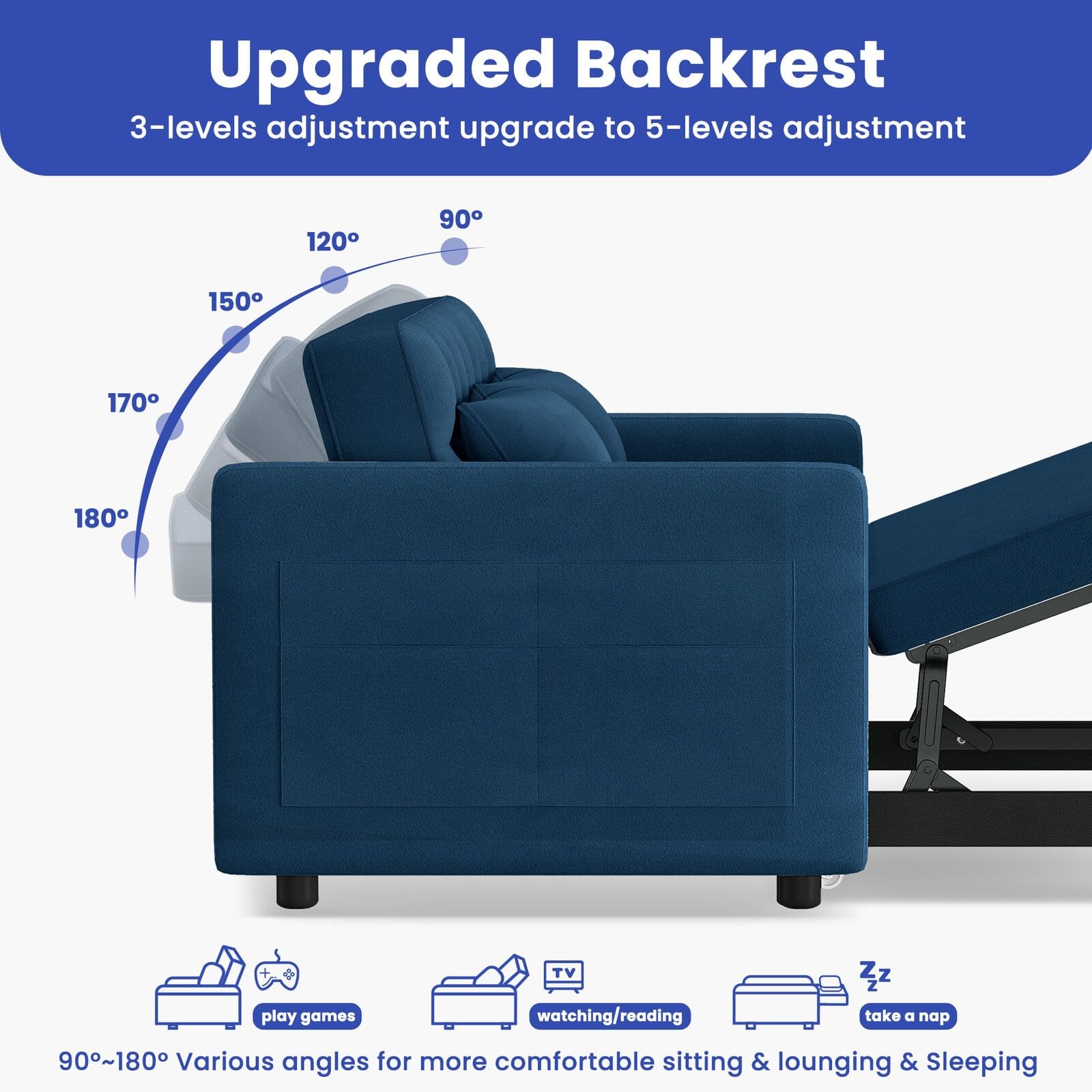 55-Inch 3-in-1 Convertible Sofa Bed - Pull-Out Sleeper Sofa with Cat-Scratch-Proof Fabric, Reclining Backrest, and Side Pocket - Stylish Blue Loveseat for Living Room, Full Size