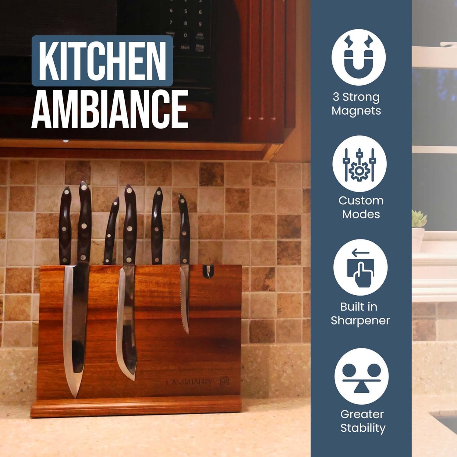 Acacia Wood Magnetic Knife Block 14 x 10" - Double Sided Magnet Knife holder - Magnetic Knife Board W/Knife Sharpener - Knife Holder for Kitchen Counter - Detachable Knife Display Stand