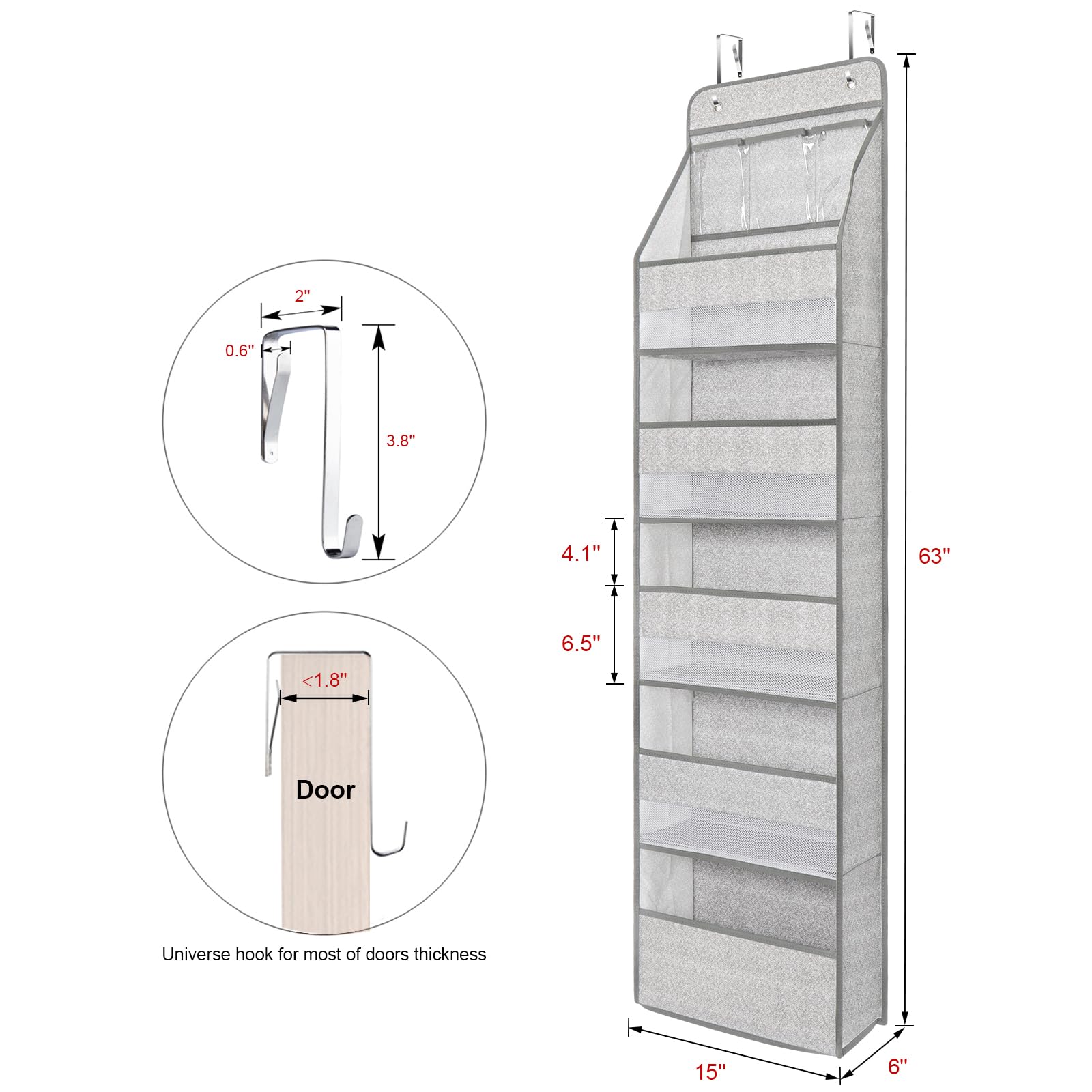 Univivi 6 - Layer Fabric Over the Door Organizer Gray Foldable Nursery Closet Storage, Large Hanging Door Organizer for Cosmetics, Toys and Sundries…
