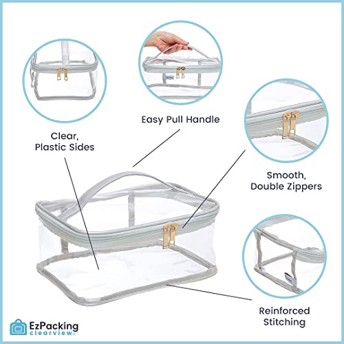 Large Cosmetic Bag for Women / Clear, See-Through Makeup, Hair & Nail Accessories Pouch for Travel or Home / Transparent PVC Plastic Organizer, Spacious Interior, Handle & Double Zippers (Silver)