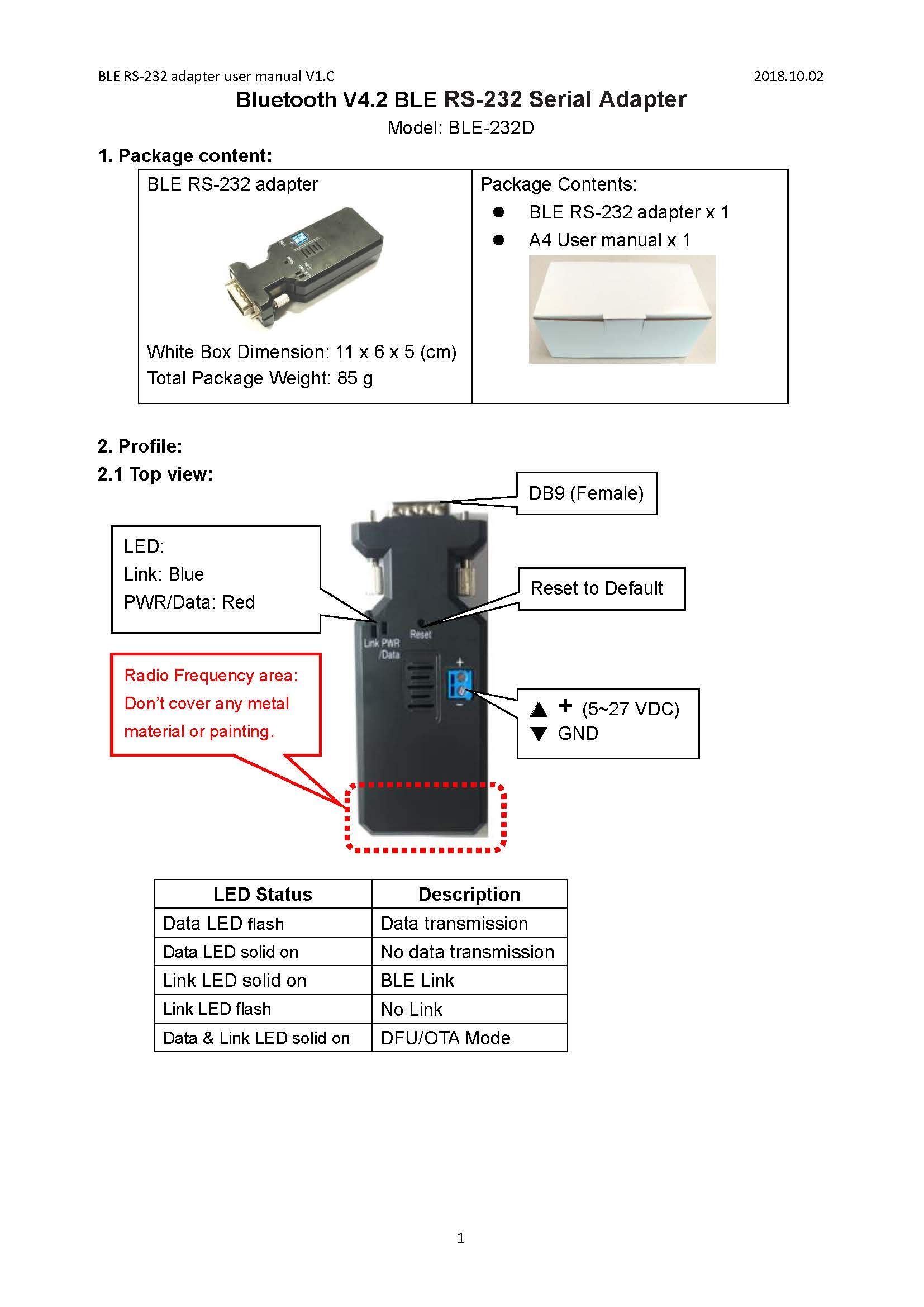 Gozens Bluetooth V4.2 BLE RS-232 Adapter Internal Chip Antenna for All OS Platform, iOS, Android, Windows or etc.