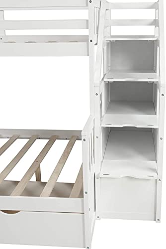 ATH-S Twin Over Full Bunk Bed with Slide, Twin Over Full Bunk Bed with Storage Drawers and Stairscase, Wood Bunk Bed Frame with Guardrails for Kids Boys Girls Teens Adults, No Box Spring Needed, White