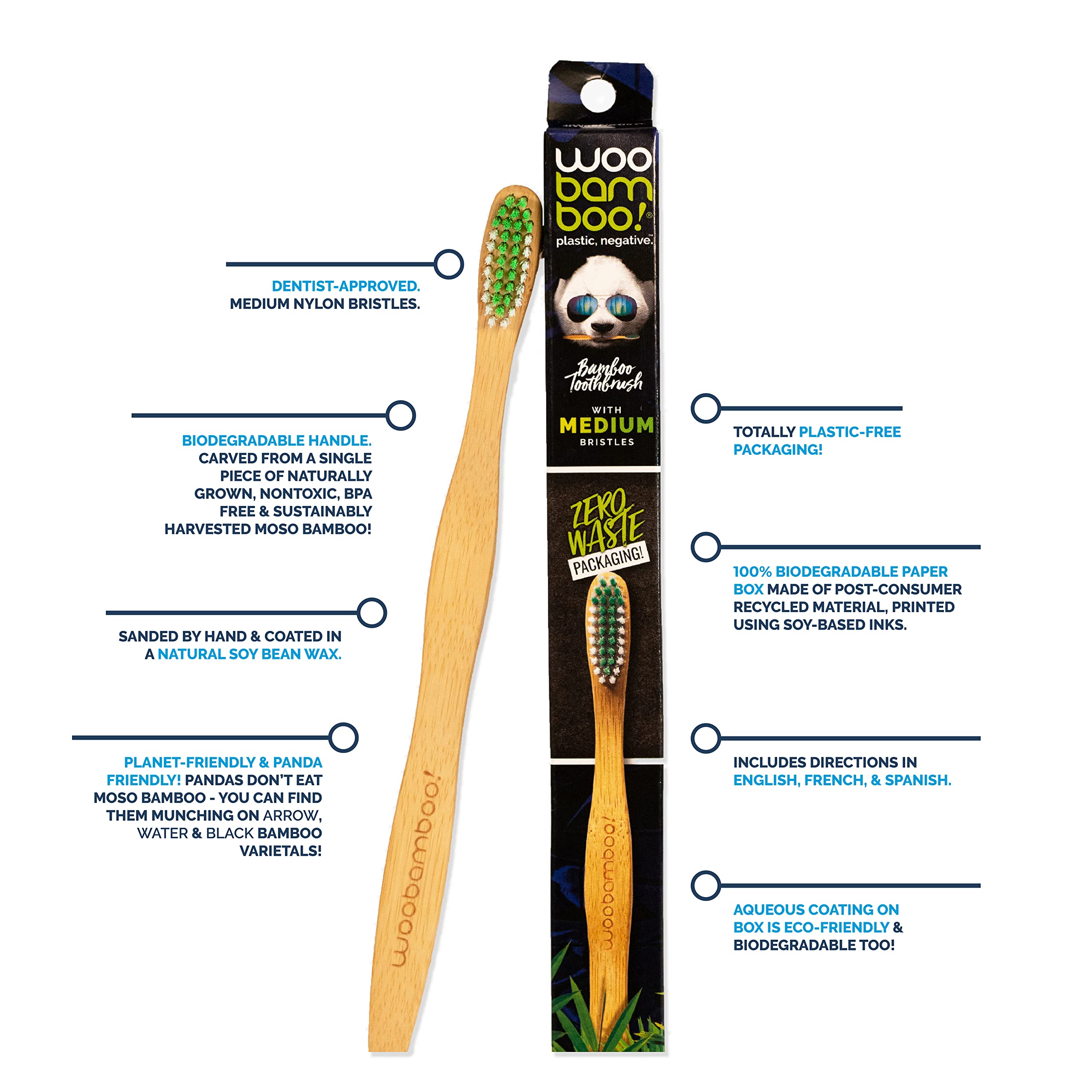 Woobamboo! Bamboo Toothbrush - Adult - Medium BPA-Free Nylon Bristles - Eco-Friendly, Biodegradable, Compostable, Vegan (Pack of 4)