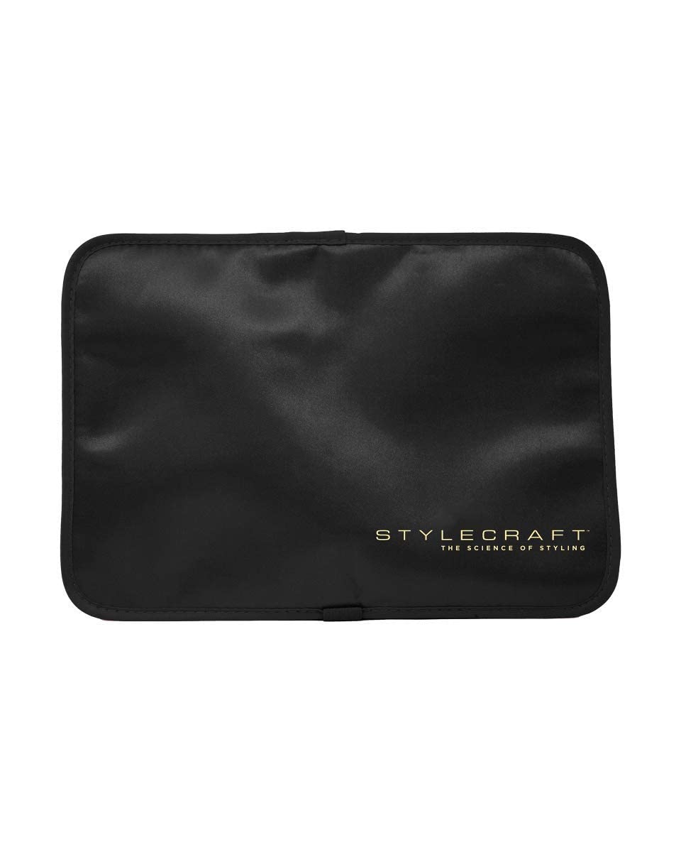 StyleCraft Heat Resistant Travel Mat & Pouch for Hot Styling Tools, Curling Iron, Curling or Flat Iron (Black) with Wrap Tie