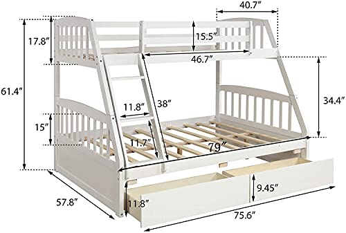 ATH-S Twin Over Twin Bunk Bed for Boys Girls Teens Adults, Solid Wood Bunk Bed Frame with Trundle and Drawers, No Box Spring Needed, White (Color : White with Drawers, Size : Twin Over Full)