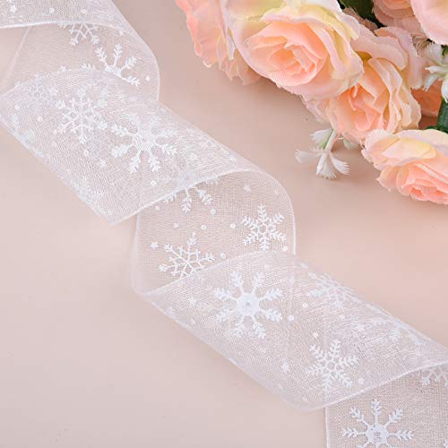 Livder 1.6 Inch Wide Christmas Snowflake Sheer Organza Ribbon for Xmas Gift Wrapping, Tree, Wreath, Party Decoration, 25 Yards (White)