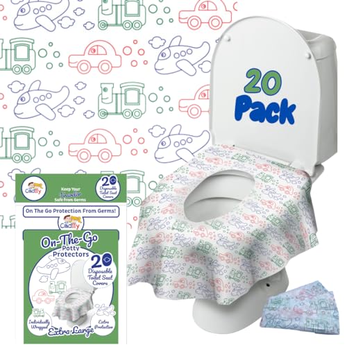 Cadily On-The-Go Disposable Toilet Seat Covers for Kids & Adults: 20 X-Large, Waterproof, Portable, Individually Wrapped Toilet Seat Cover That Completely Covers Any Toilet Planes-Trains-Cars