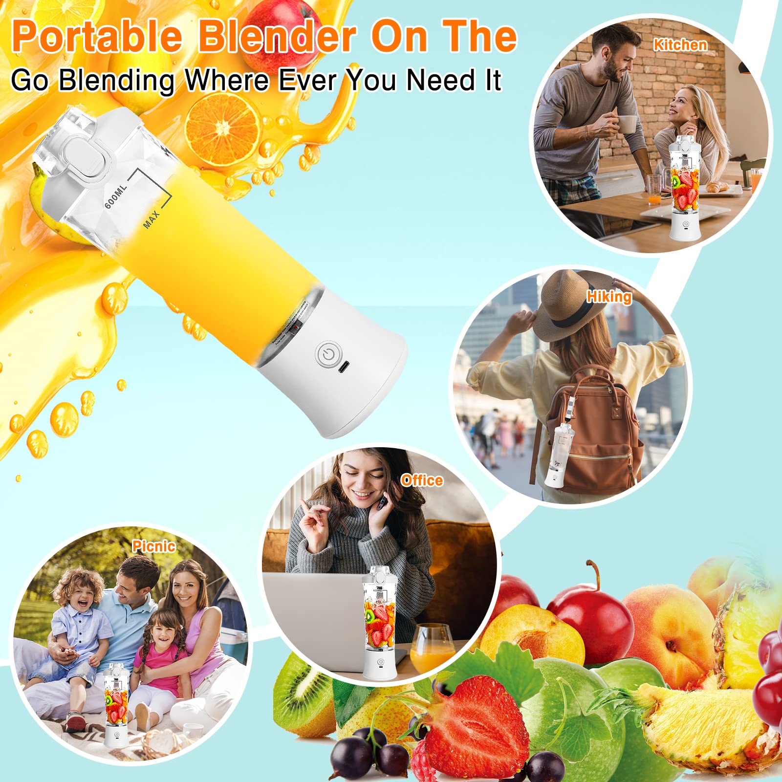 20oz Portable Blender, Personal Size Blender Smoothies and Shakes With 6 Blades, USB Rechargeable Blender Fruit Juicer with 2 Mixing Modes & LED Light, With for Kitchen Outdoor Gym Office (White)