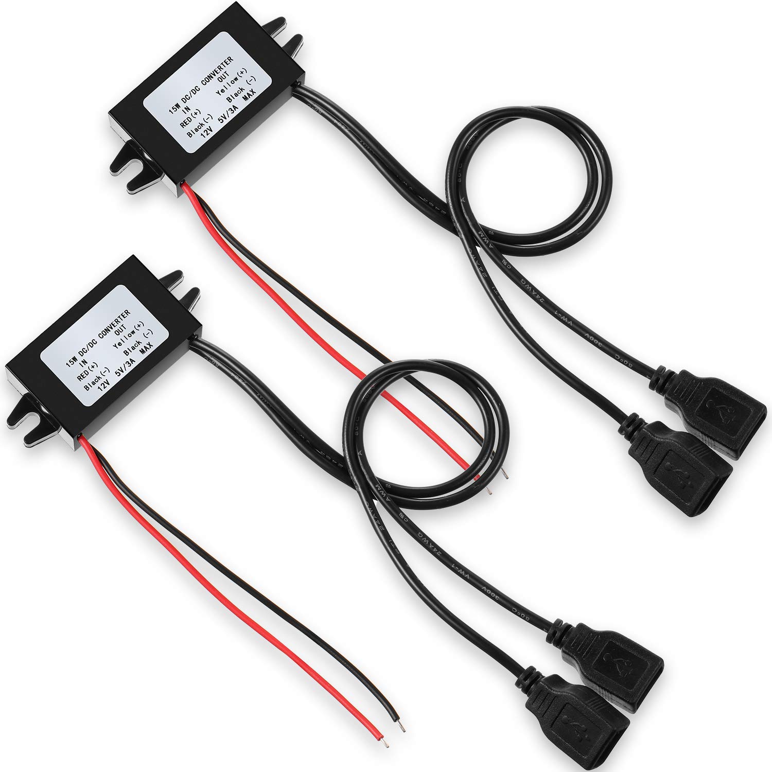 2 Pieces DC Converter 12V to 5V 3A 15W DC Buck Converter Module, DC to DC Reduced Voltage Regulator Car Power Converter Output Power Adapter (Double USB Interface)