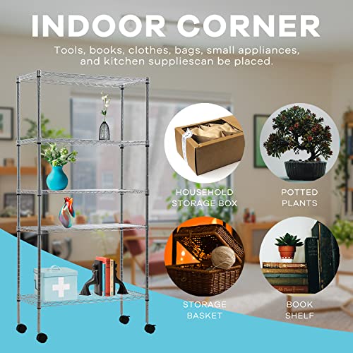 MGHH 5 Tier Garage Shelving, Metal Shelves Wire Shelving Unit Adjustable Heavy Duty Sturdy Steel Shelving Rolling Cart with Casters for Pantry Garage Kitchen (Chrome, 14" D x 30" W x 60" H)