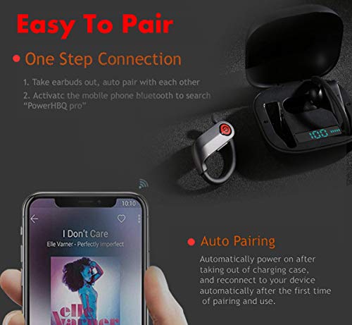 Arkey burds TWS Bluetooth Earbuds V5.0 with Charging Case, True Wireless Stereo Sport Headphones in-Ear Earphones with Mic, Noise Cancelling Headsets with Ear Hooks for iPhone Smartphones (Black/red)