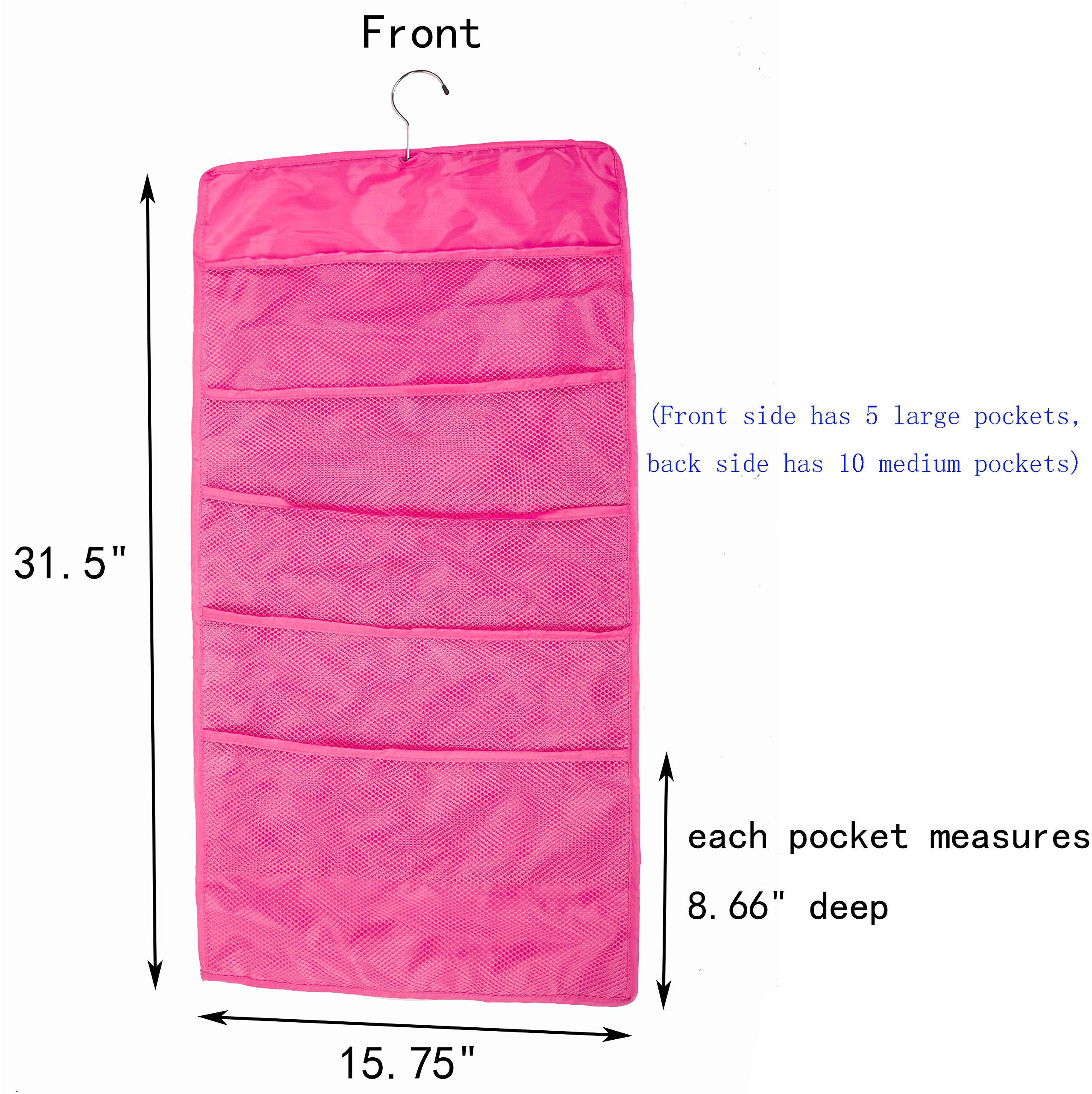 Amelitory Dual Side Clothing Hanging Shelves 15 Mesh Pockets Closet Storage Organizer with Metal Hanger Rosy
