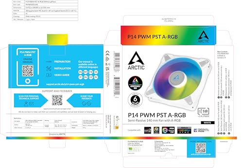 ARCTIC P14 PWM PST A-RGB - PC Fan, 140mm PWM Case Fan, Optimised for Static Pressure, Semi-Passive: 200β1900 RPM (0 RPM <5%), 5V 3 Pin A-RGB LED, Single Fan - White